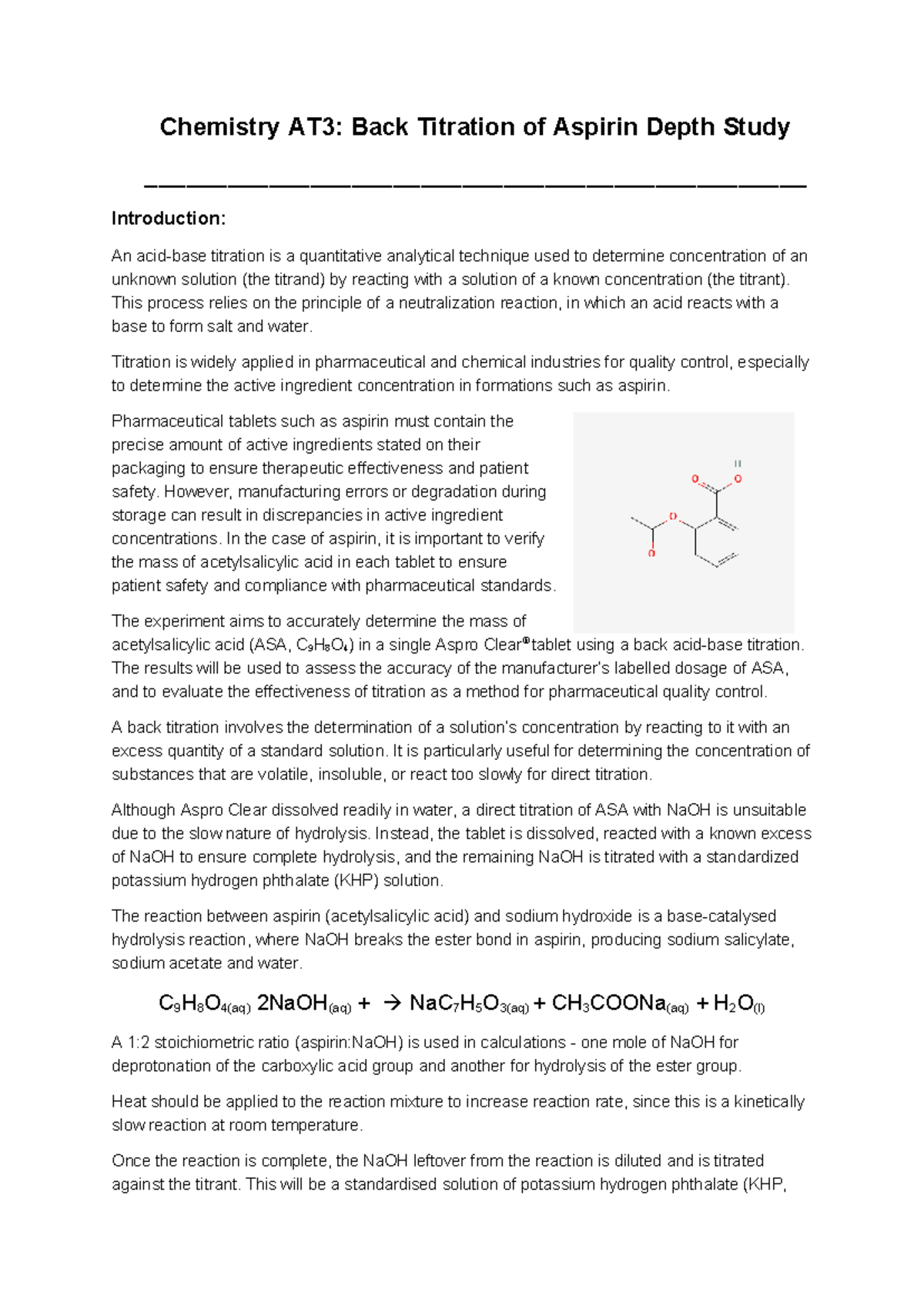 Chemistry AT3: In-Depth Study of Back Titration for Aspirin Analysis ...