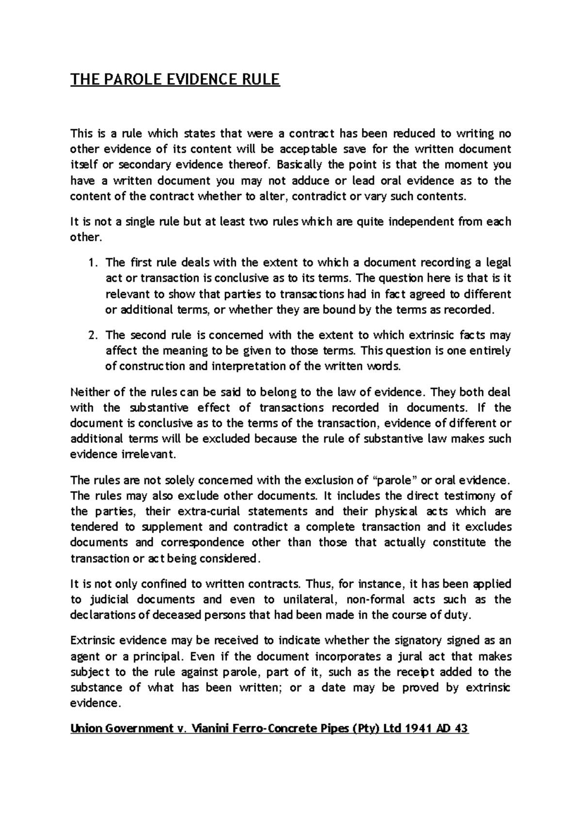 Parole Evidence Rule in Contract Law: Key Concepts and Exceptions - Studocu