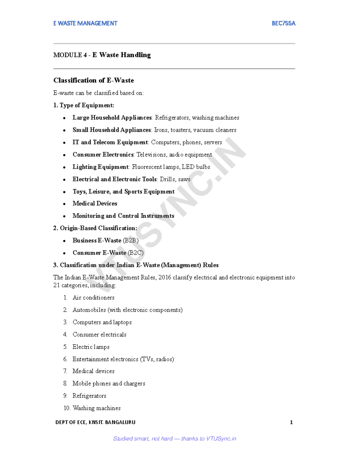 BEC755A E WASTE MANAGEMENT MODULE 4: Handling and Classification - Studocu