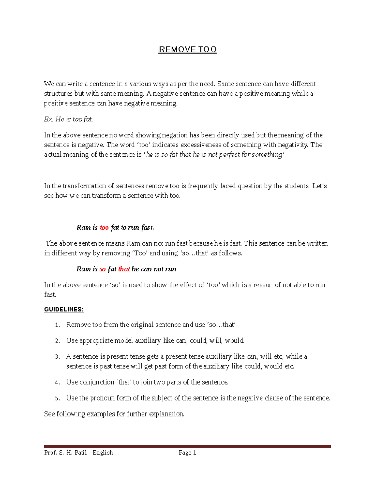 ENG 101: Transforming Sentences by Removing "Too" - Guidelines and ...
