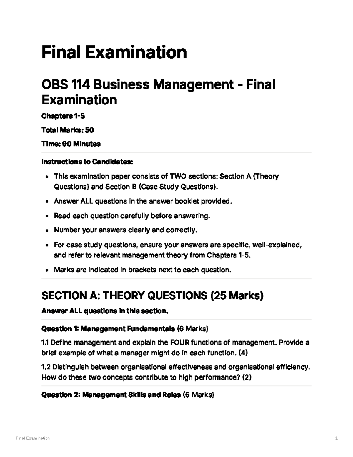 Final Exam OBS 114: Business Management - Comprehensive Review - Studocu