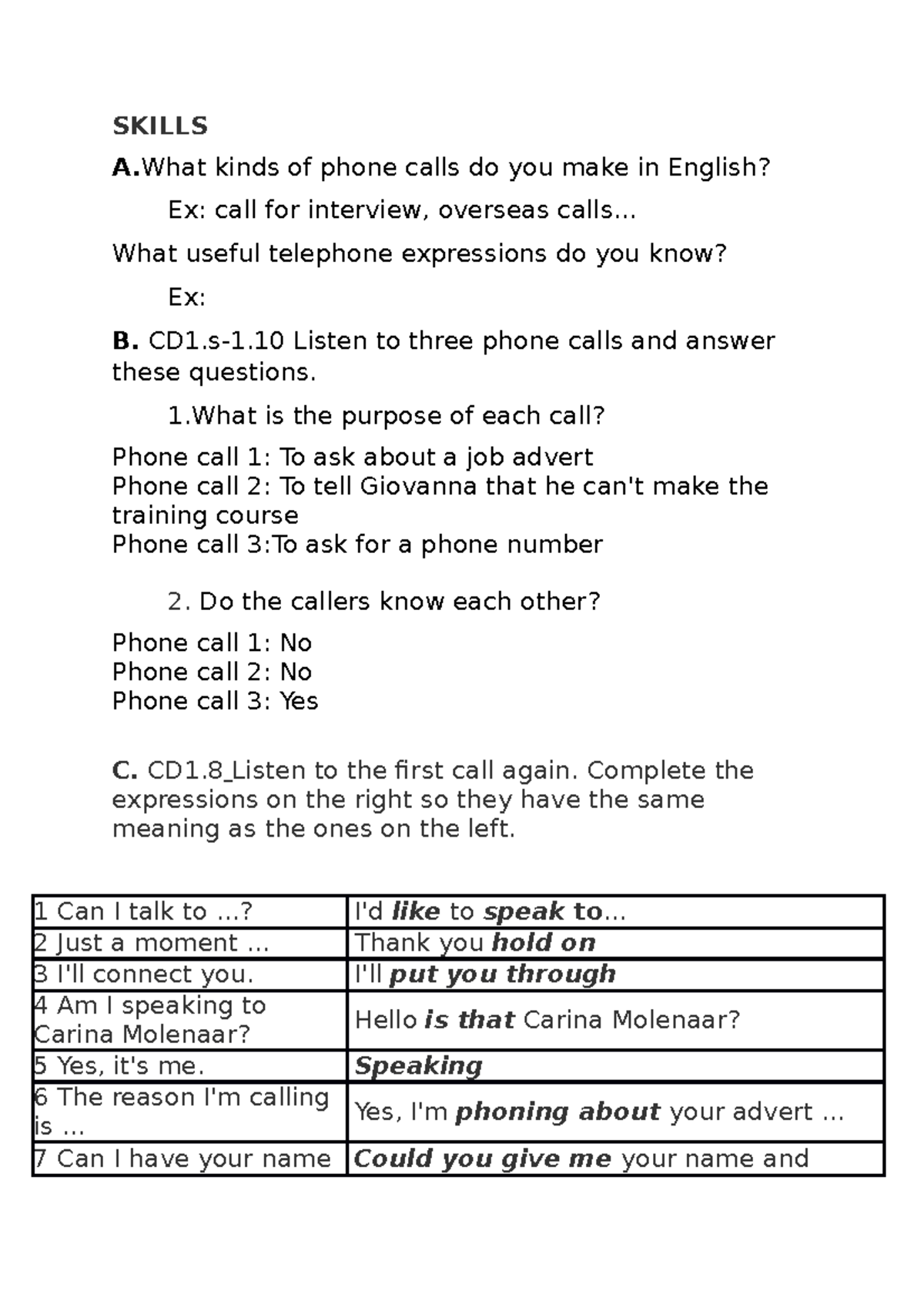 Skills in English: Useful Telephone Expressions and Calls Analysis ...