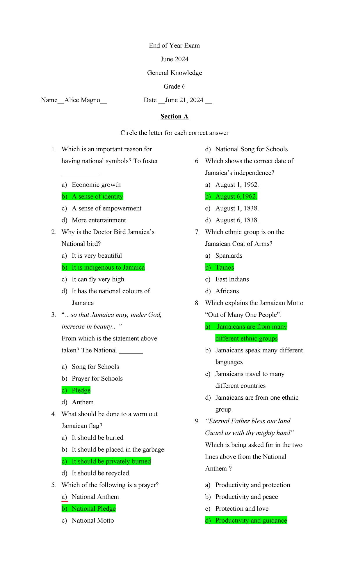 GR 6 EOY General Knowledge Exam June 2024 - Alice Magno - Studocu