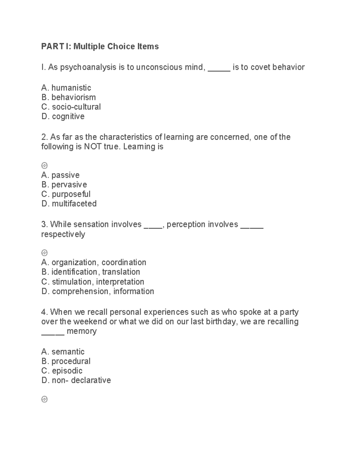Aau psychology - PART I: Multiple Choice Items I. As psychoanalysis is ...