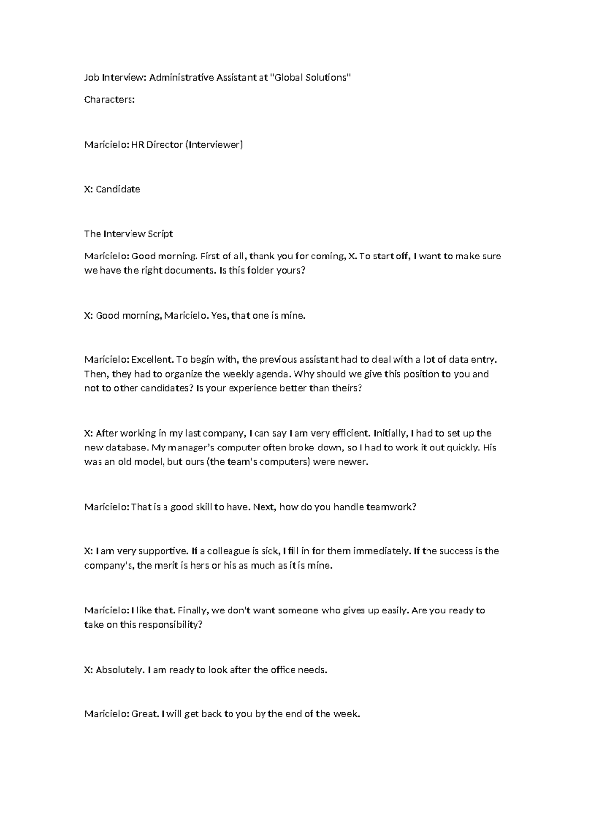 Job Interview Script: Admin Assistant Role - Es Ingles - Studocu