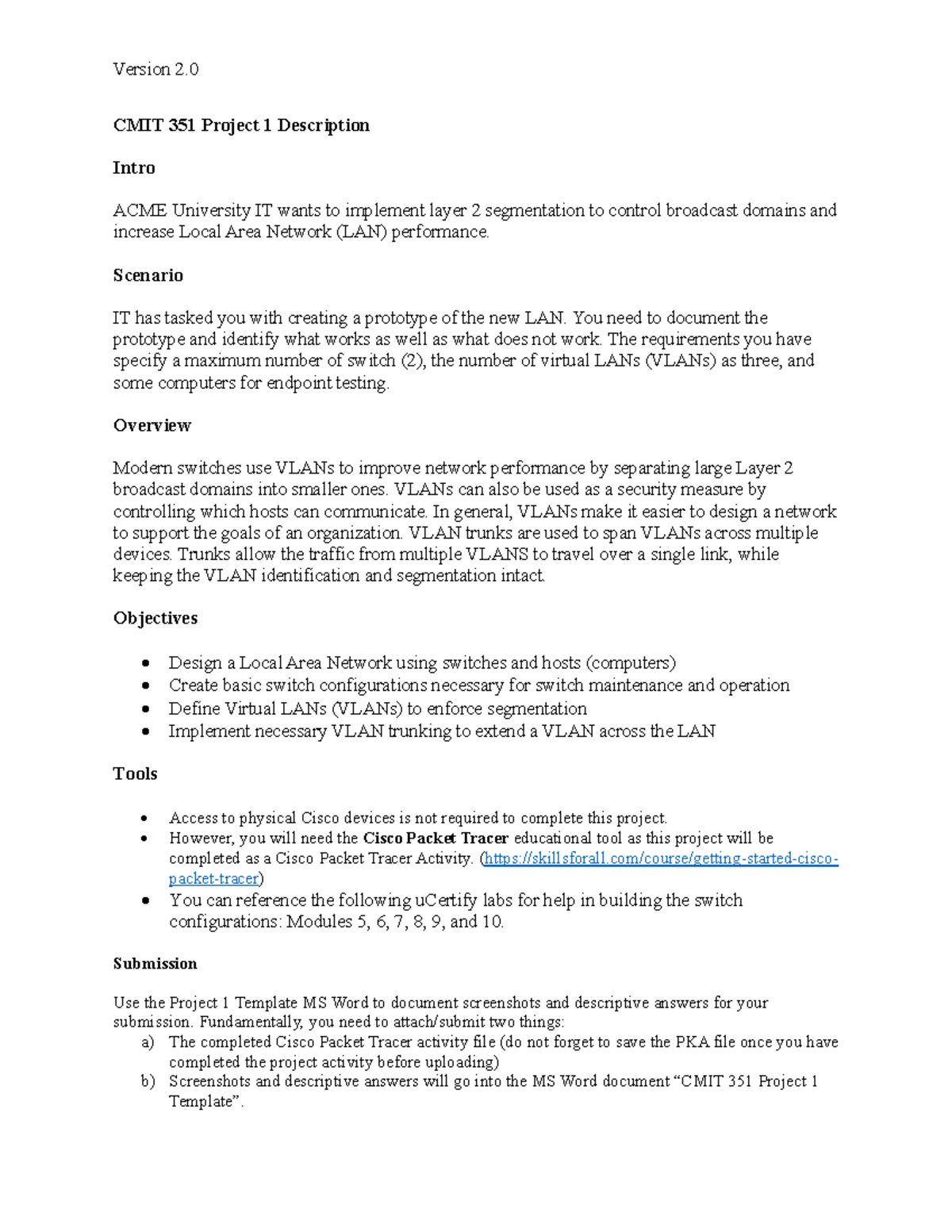 CMIT 351 Project 1: LAN Design & VLAN Implementation Guide - Studocu