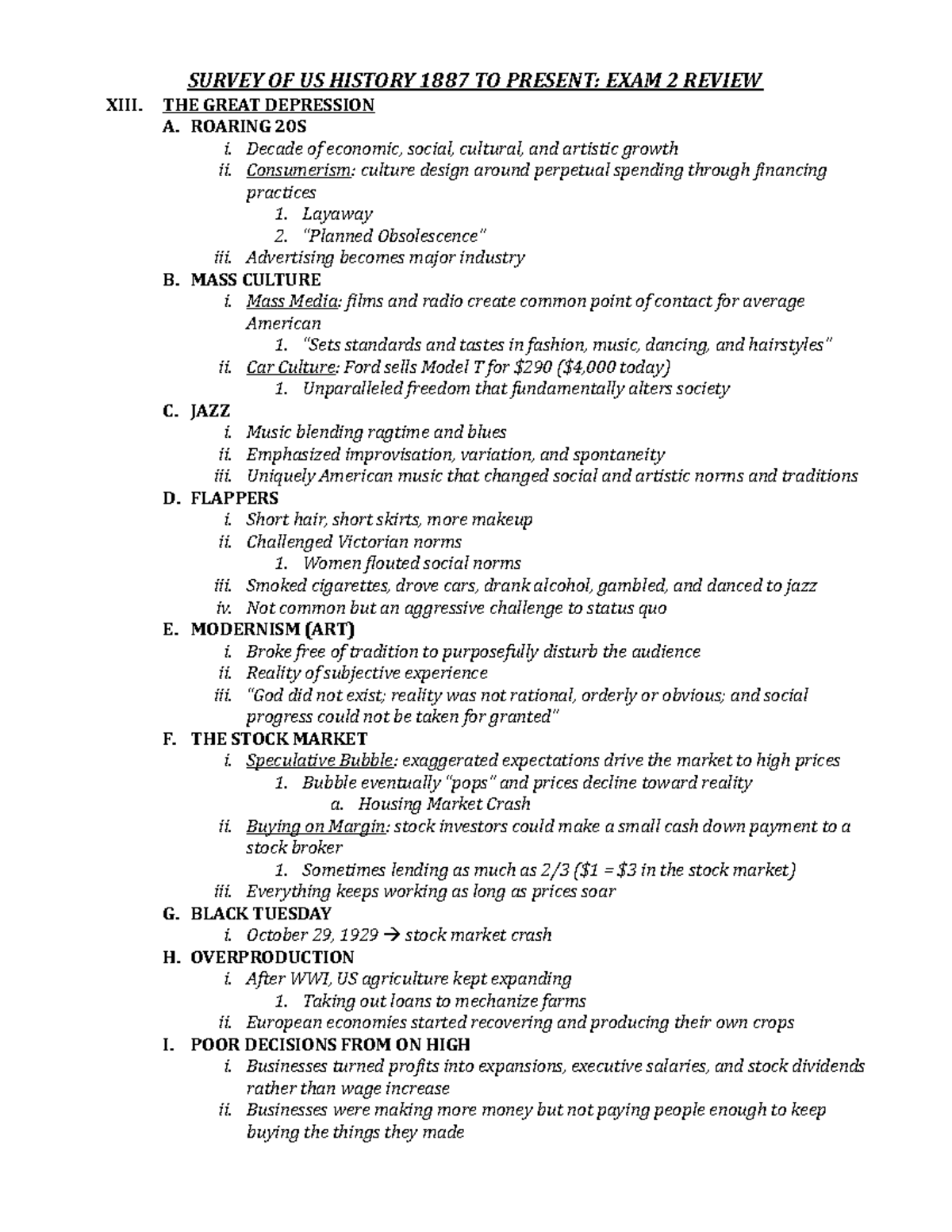 1877 - Present Exam 2 Review - SURVEY OF US HISTORY 1887 TO PRESENT ...