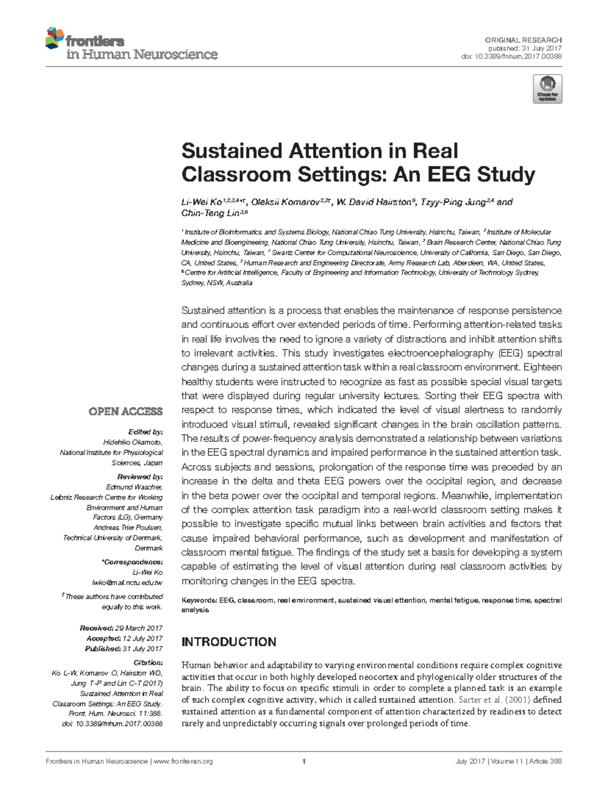 EEG Study on Sustained Attention in Real Classroom Settings (Ko, 2017 ...