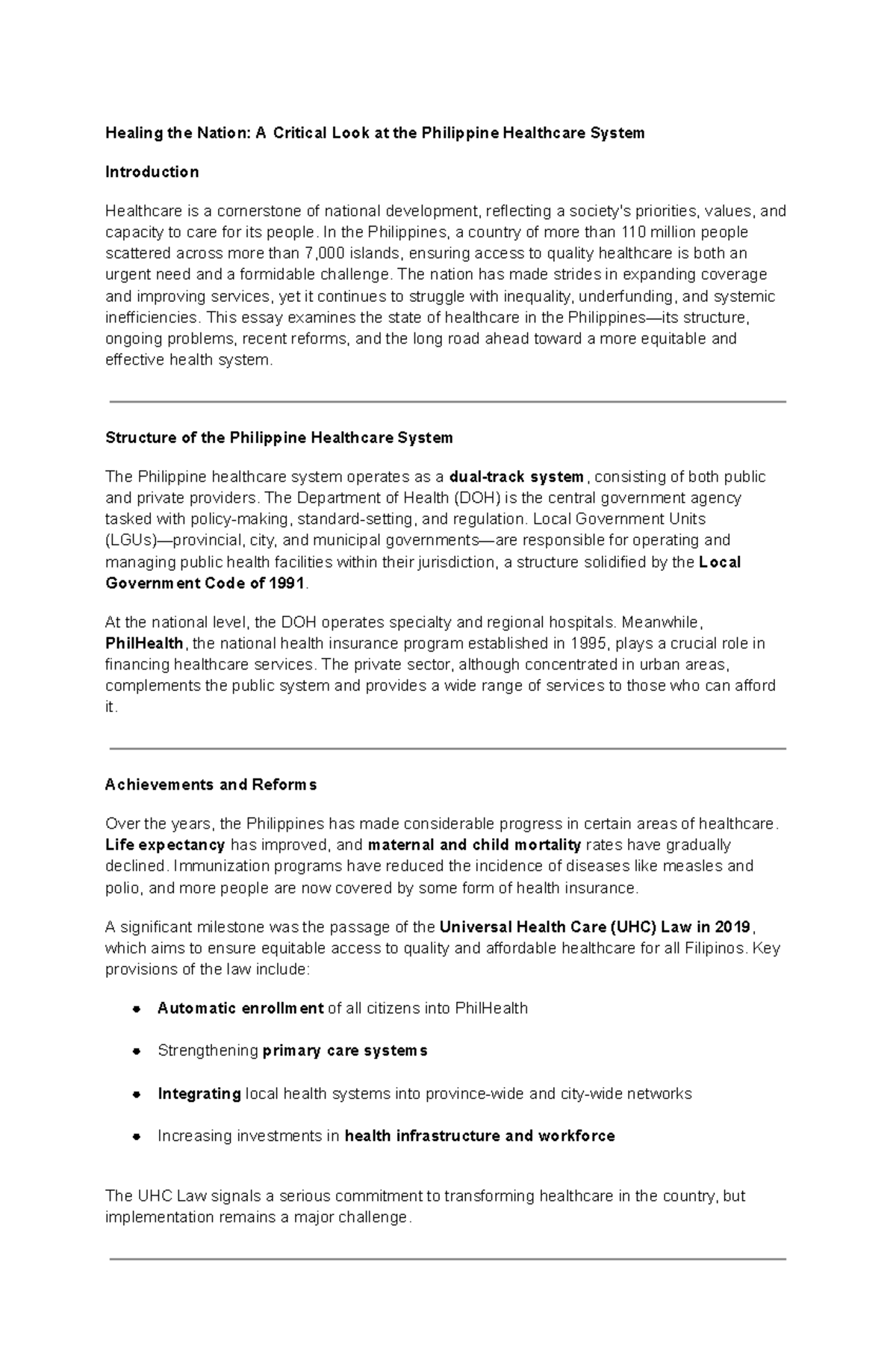 Philippine Healthcare System: Challenges and Reforms Analysis (HCS 101 ...
