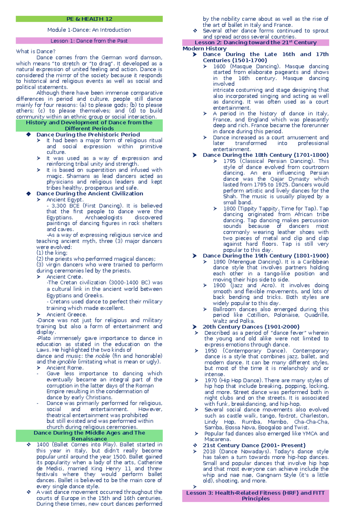 PE&Health 12 Handout 1: The Evolution of Dance Through History - Studocu