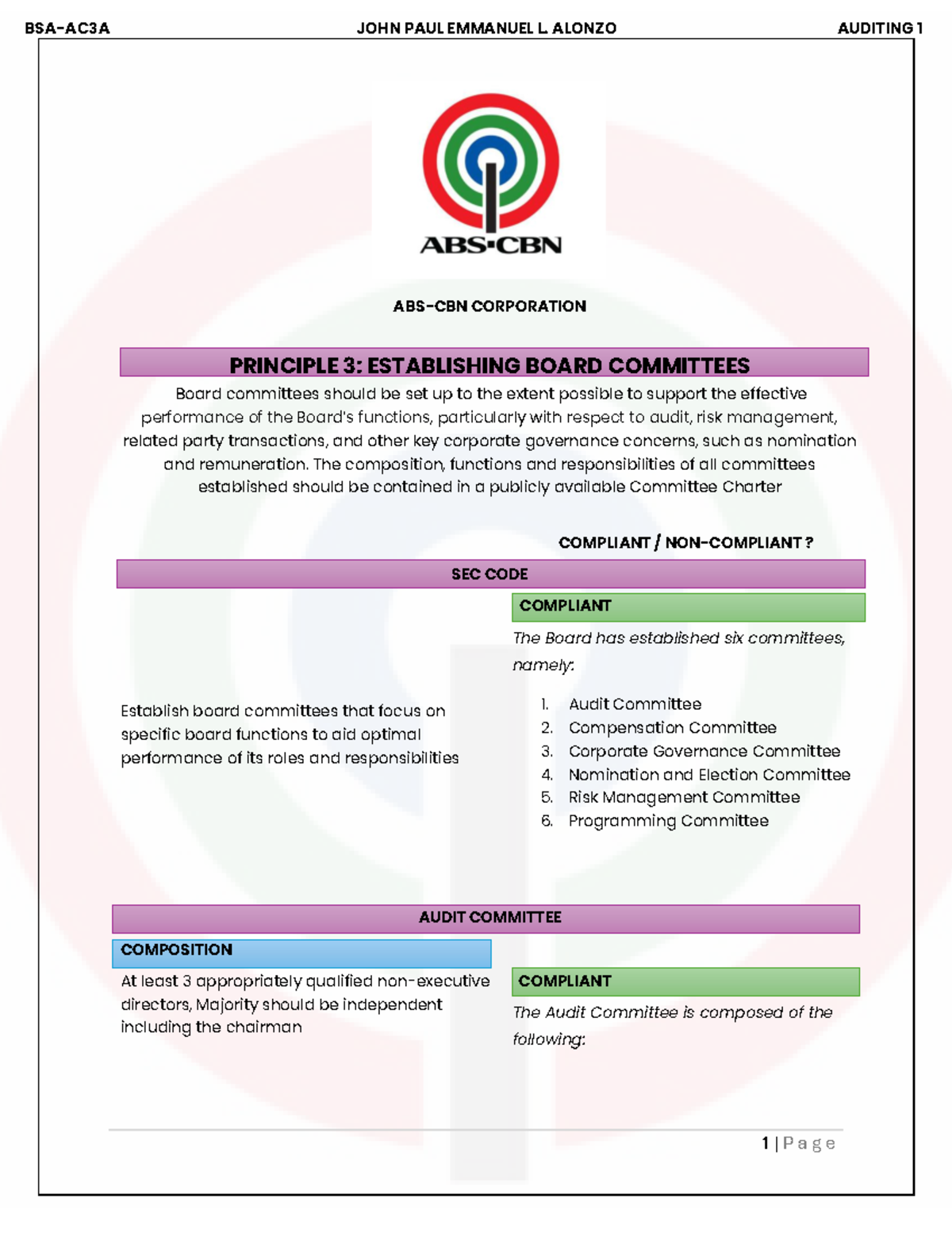 AUDITING 1: ESTABLISHING BOARD COMMITTEES & OVERSIGHT FUNCTIONS - Studocu