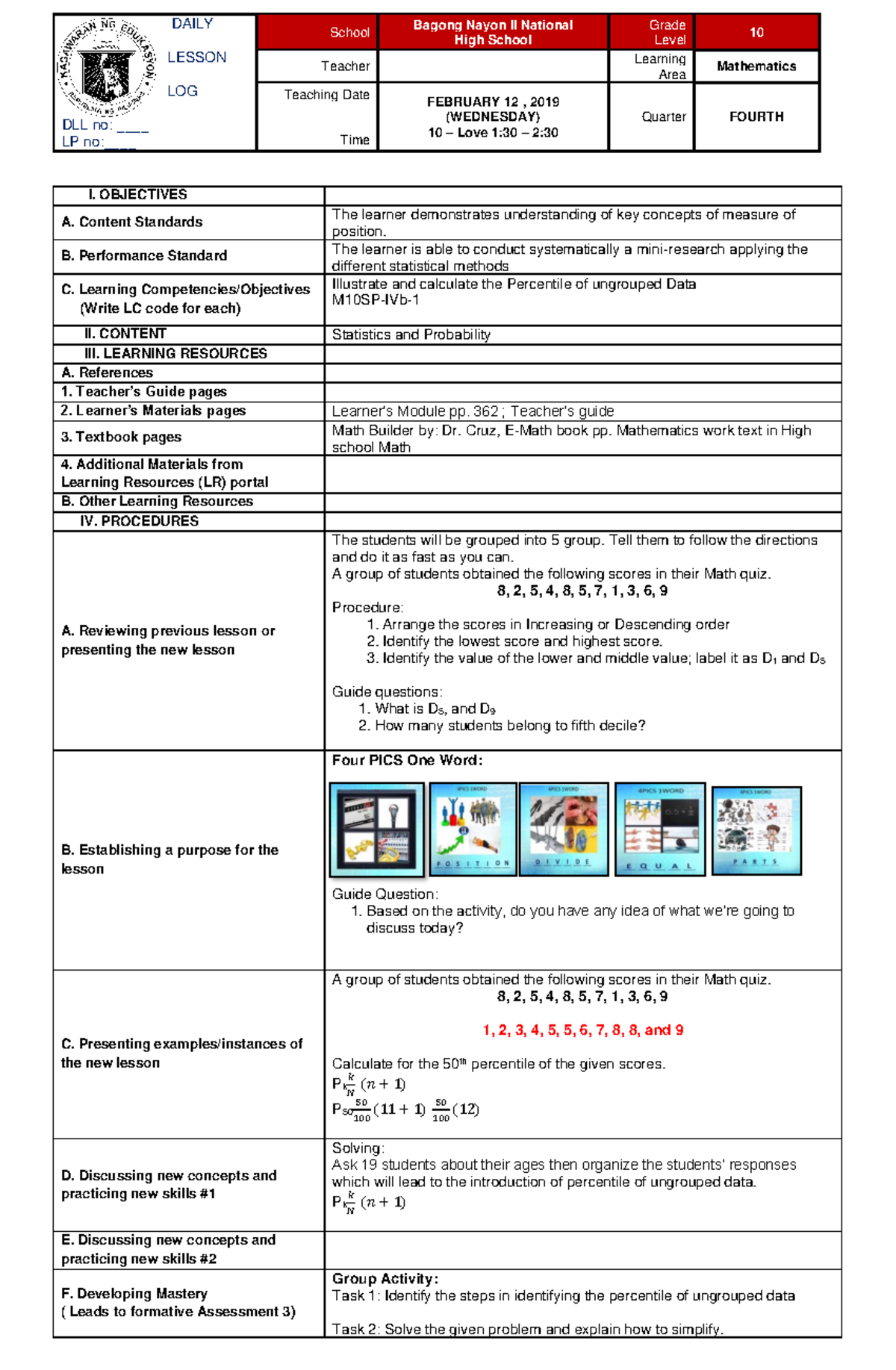 1. Percentile - Ungrouped DATA COT3 - I. OBJECTIVES A. Content ...