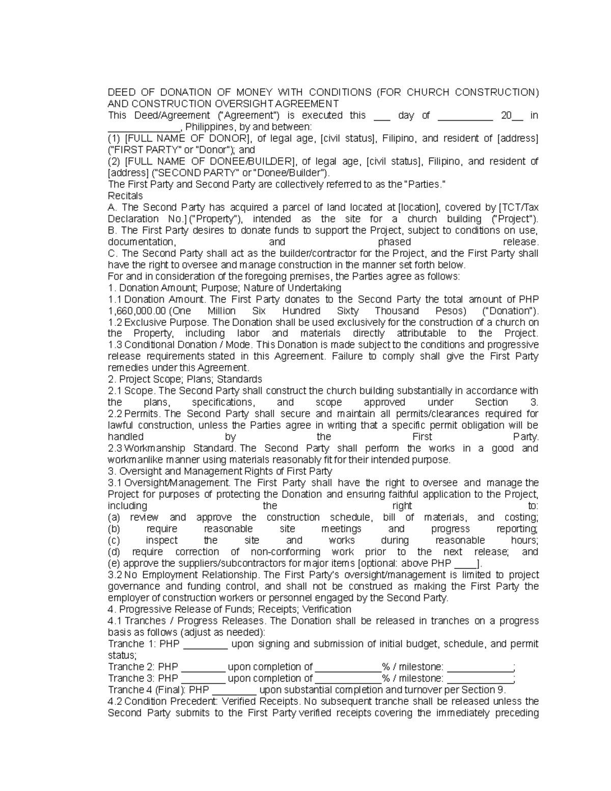 DEED OF DONATION FOR CHURCH CONSTRUCTION & OVERSIGHT AGREEMENT - Studocu
