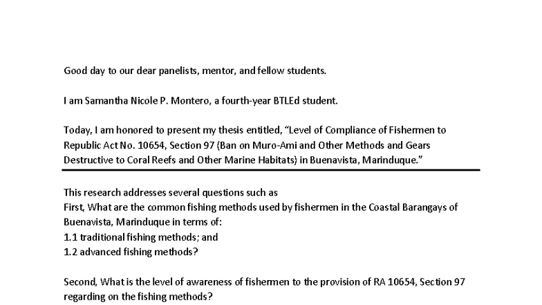 Thesis Presentation: Compliance of Fishermen to RA 10654 in Buenavista ...
