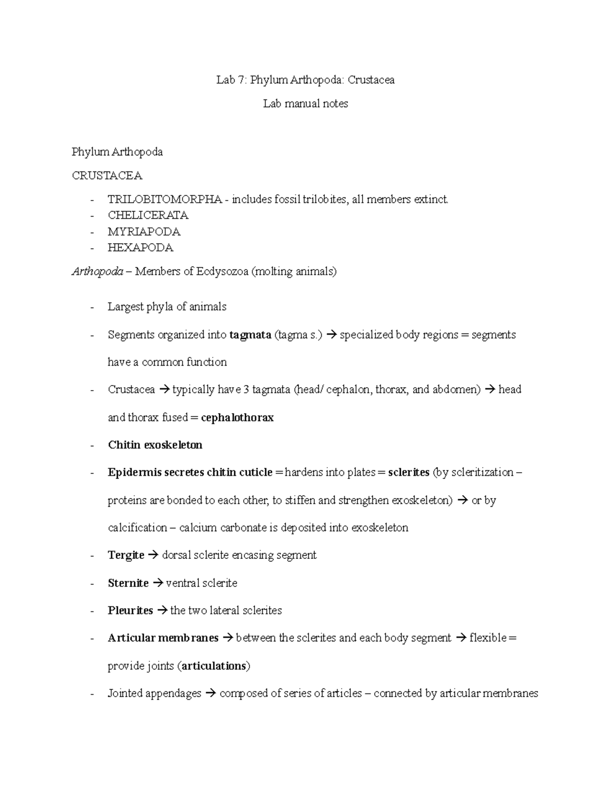 Lab 7: Arthropoda - Crustacea Overview and Key Concepts - Studocu