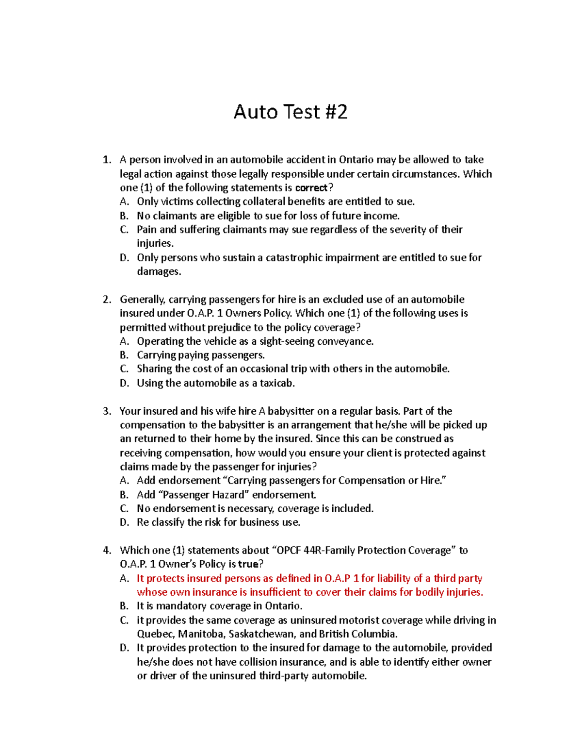 Auto Test 2: Key Questions on O.A.P. 1 Automobile Insurance - Studocu