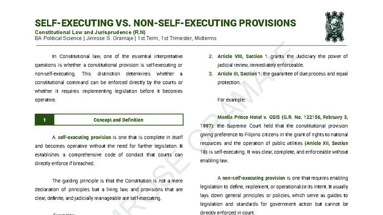 Self-Executing vs. Non-Self-Executing Provisions (R.N) BA Political ...