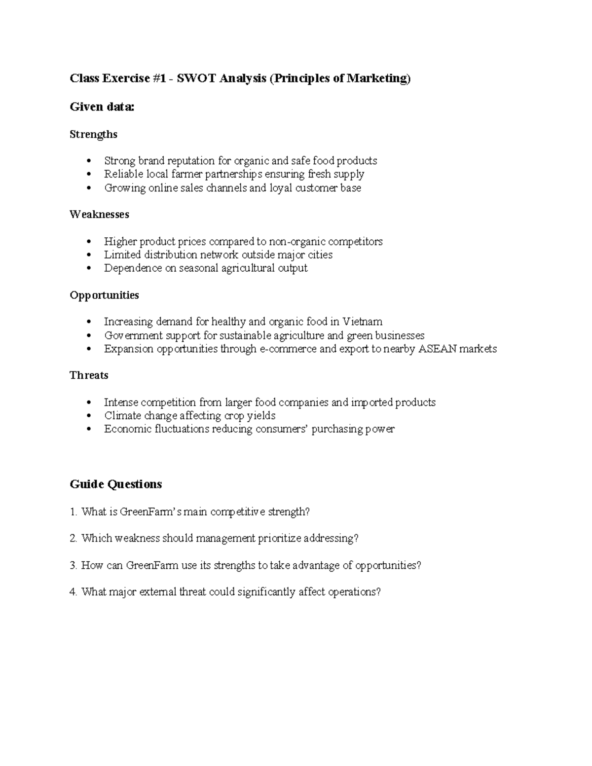 Class Exercise 1: SWOT Analysis for Principles of Marketing - Studocu