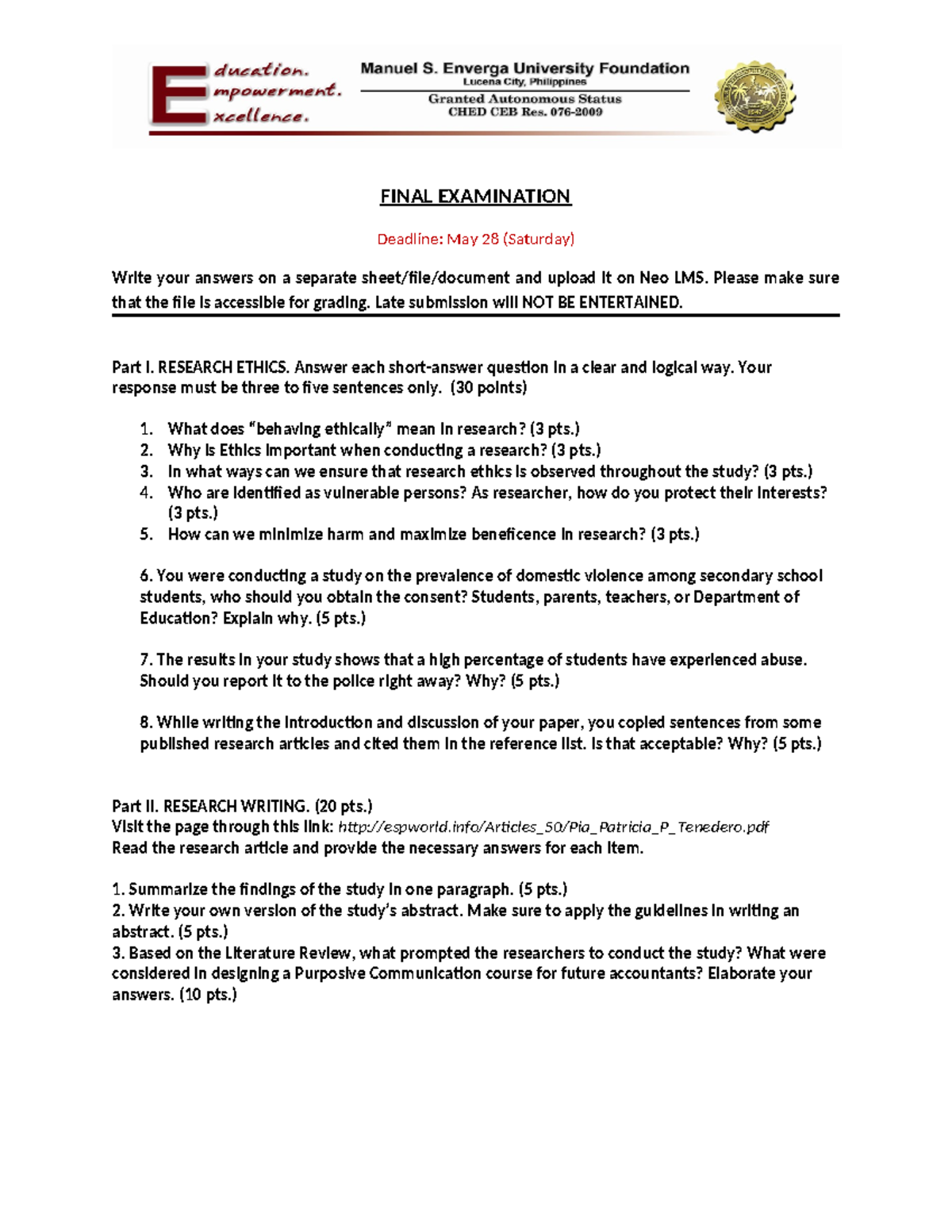 AW Finals - Final exam academic writing - FINAL EXAMINATION Deadline ...