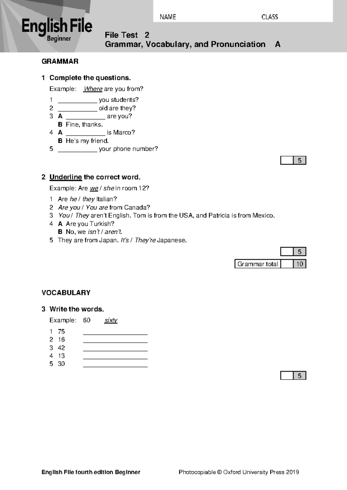File Test 2: Grammar, Vocabulary, and Pronunciation A - English File ...