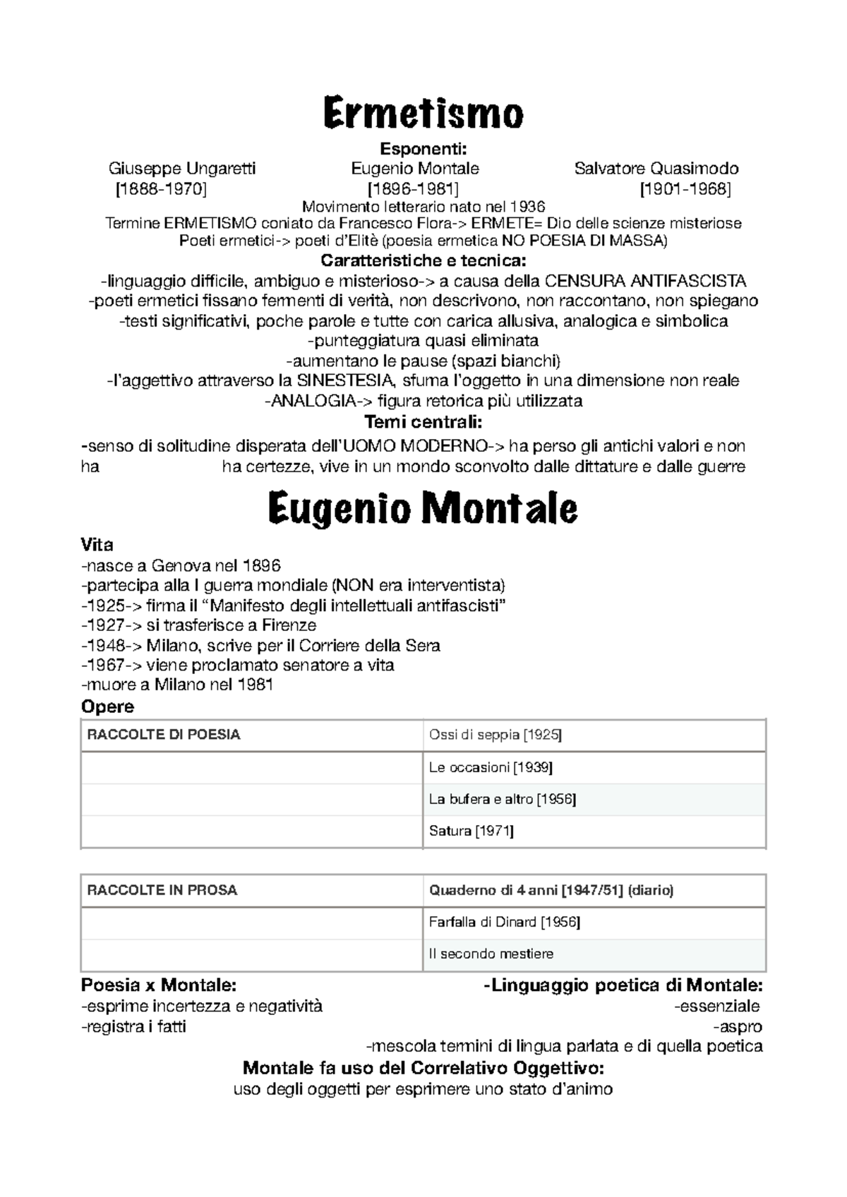 Eugenio Montale: Analisi del Poeta dell'Ermetismo e le Sue Opere - Studocu