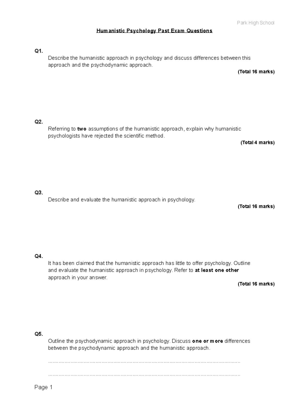 Humanistic Psychology Past Exam Questions and Mark Scheme - Studocu