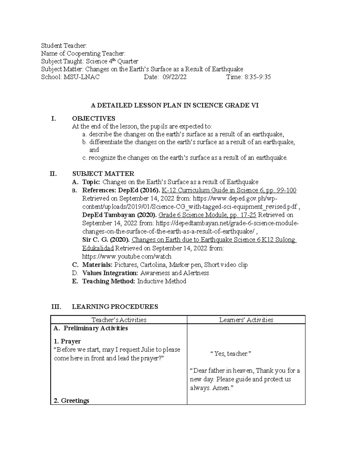 Detailed Lesson Plan in Science 6: Earthquake Effects Analysis - Studocu