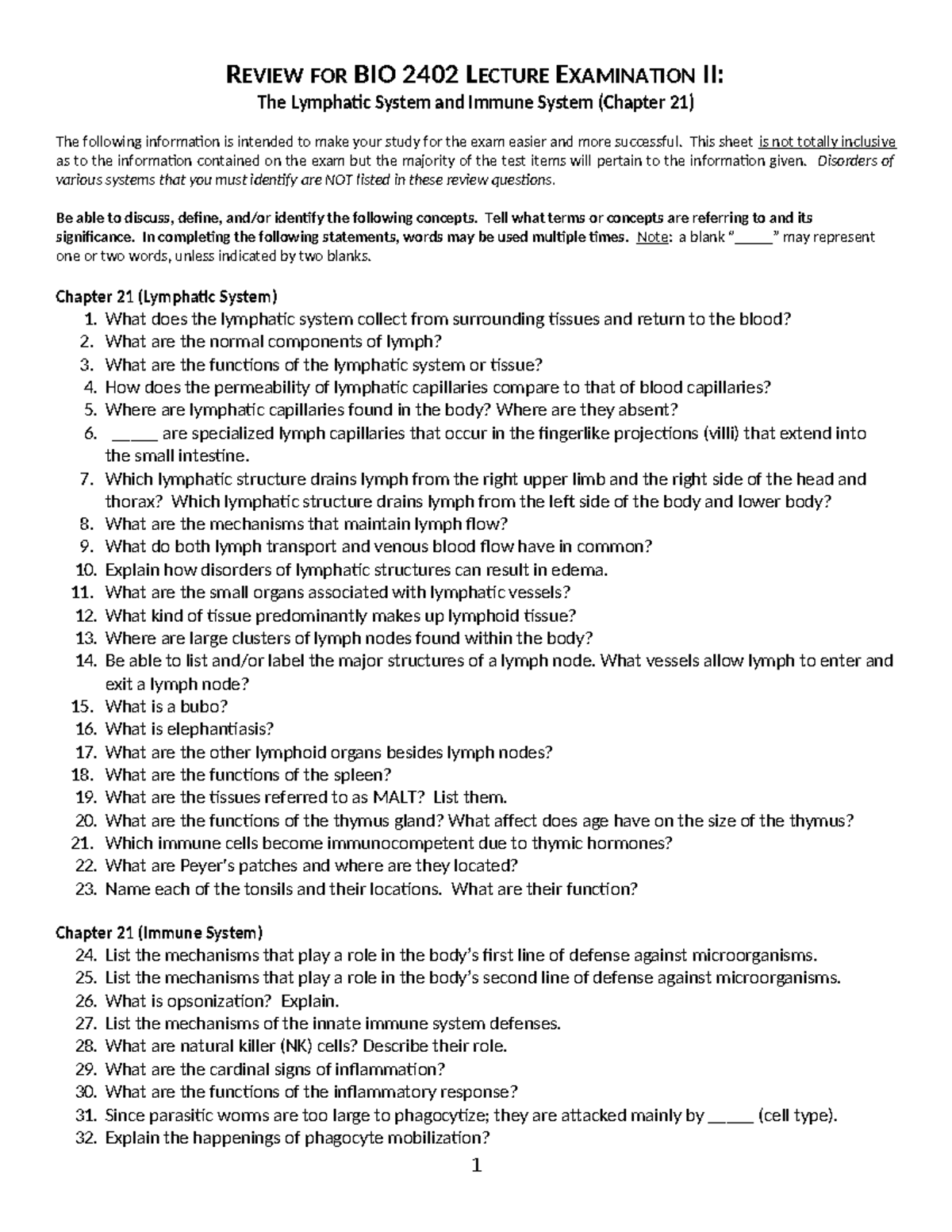 BIO 2402 Lecture Exam II Review: Lymphatic & Immune Systems (Ch 21 ...