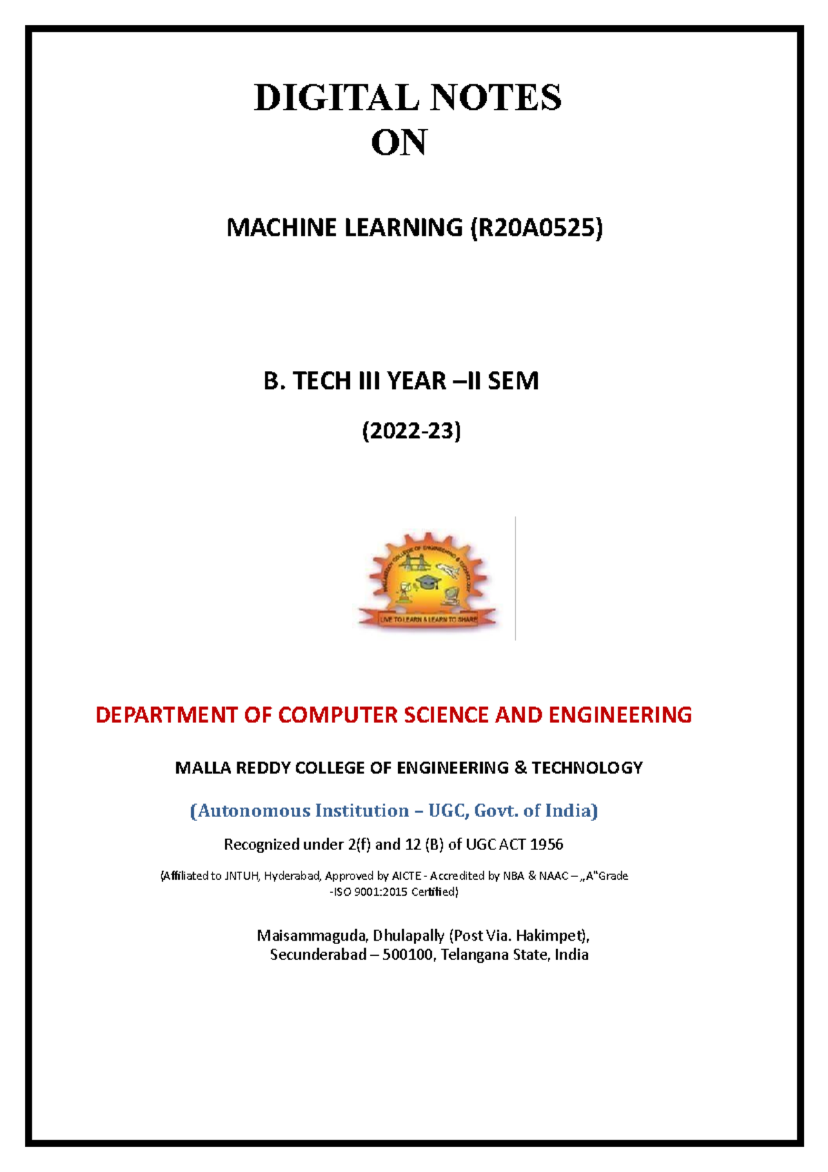 ML Digital Notes Updated on 2nd jan - DIGITAL NOTES ON MACHINE LEARNING ...