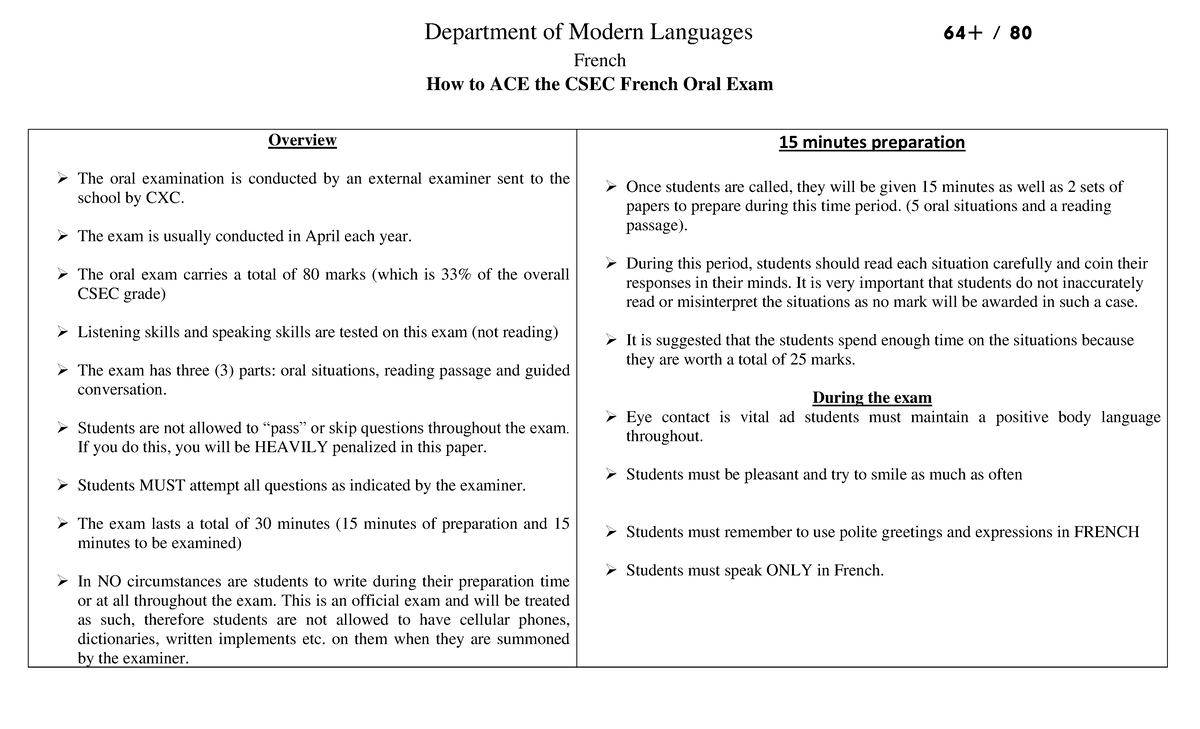 Mastering CSEC French Oral Exam: Tips & Strategies for Success - Studocu