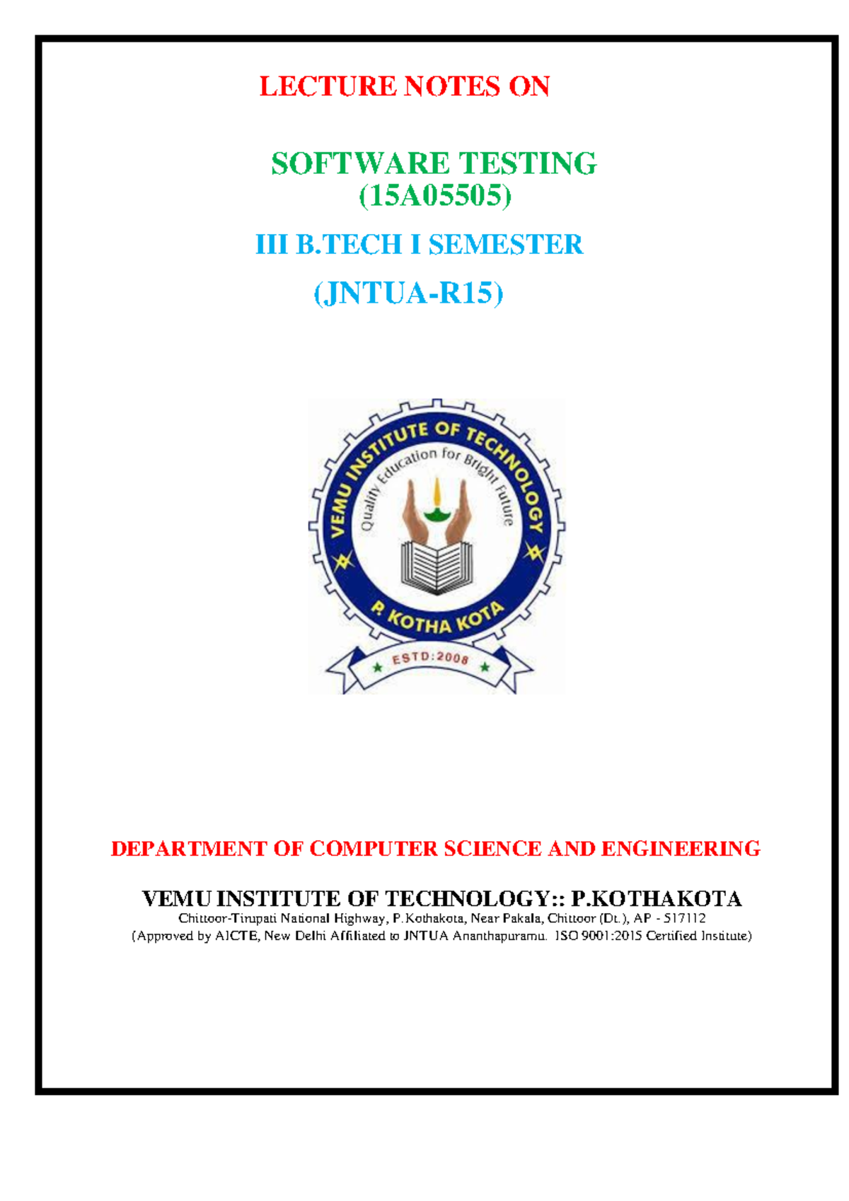 Software Testing Lecture Notes (15A05505) - III B.Tech I Semester - Studocu