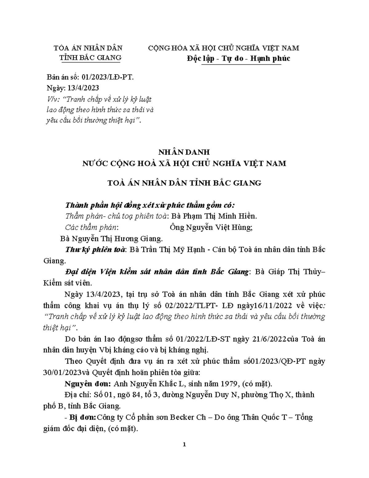 Bản án lao động phúc thẩm số 01/2023 LĐ-PT tại Bắc Giang - Studocu