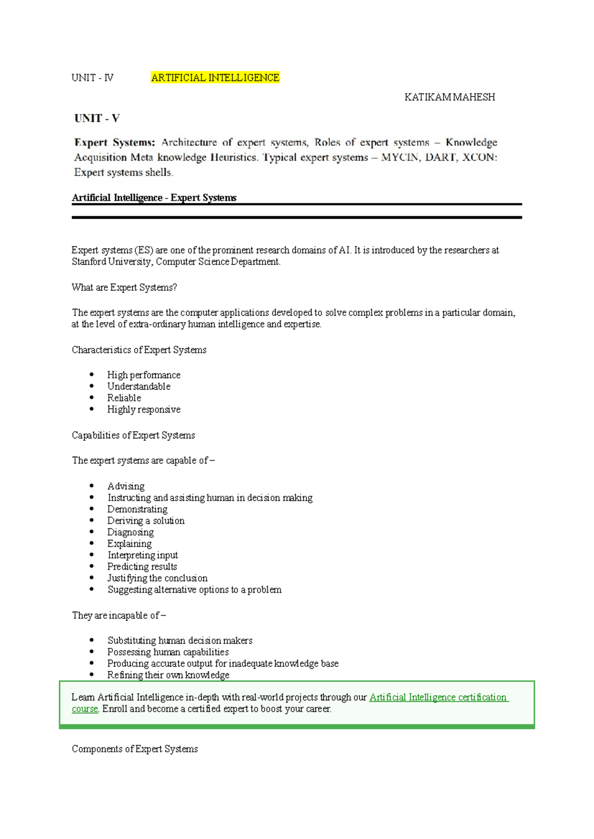 AI UNIT IV - EXPERT SYSTEMS IN ARTIFICIAL INTELLIGENCE - Studocu