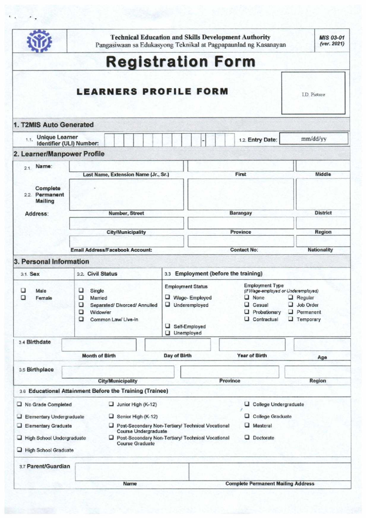 TESDA-DPA Form 1 Registration (MIS 03-01) - Learner Profile - Studocu