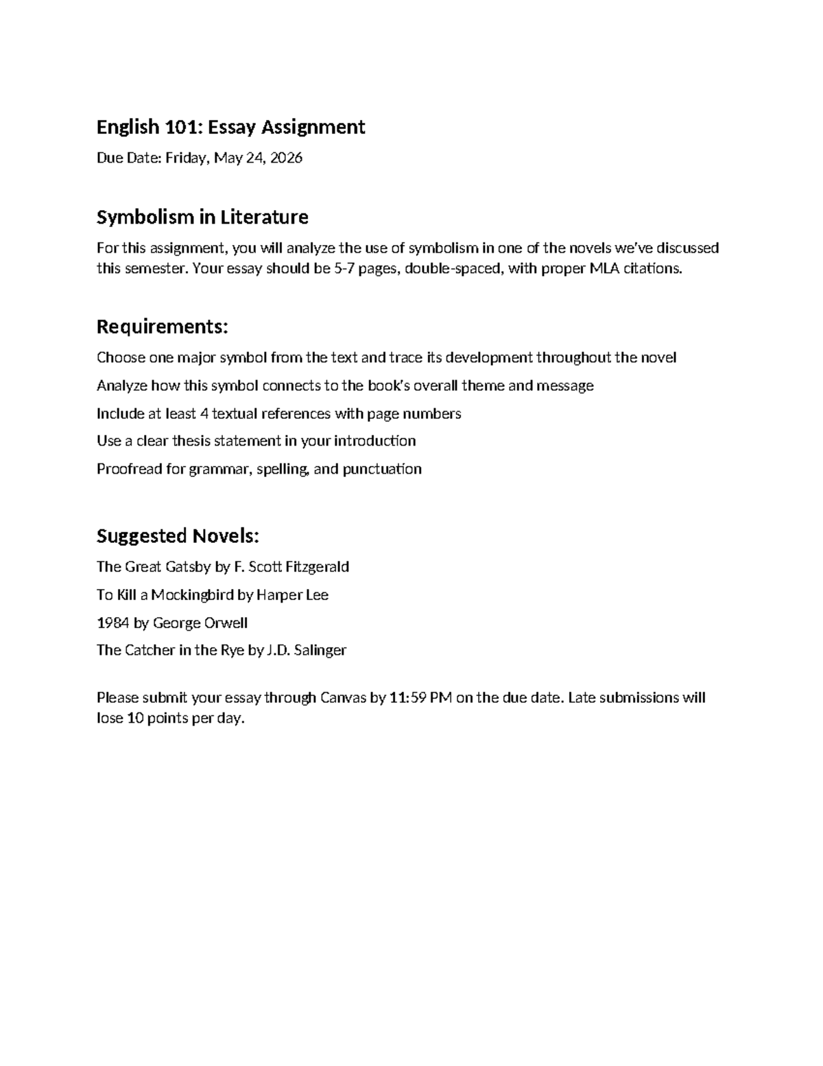 English 101: Essay on Symbolism in Literature Assignment - Studocu