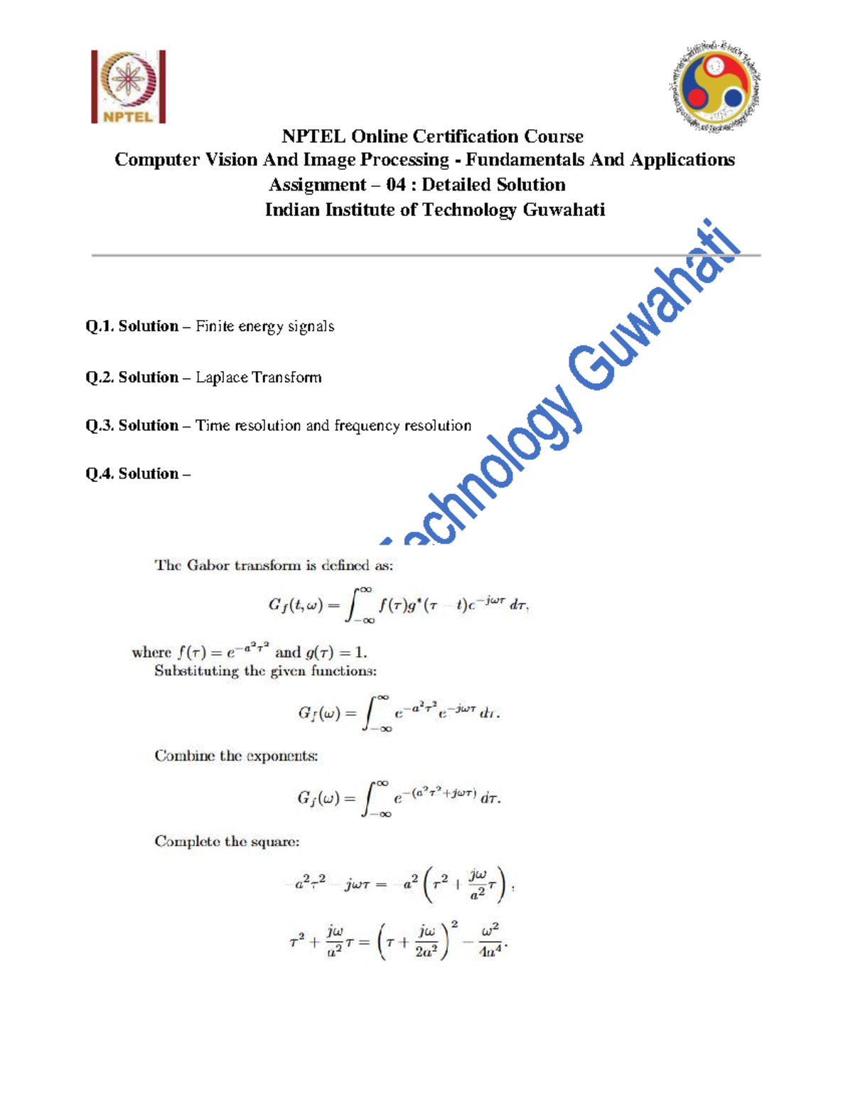 NPTEL CV & Image Processing Assignment 04: Detailed Solutions - Studocu