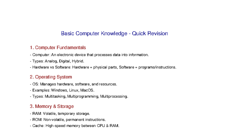 CSE101: Basic Computer Knowledge Quick Revision Guide - Studocu