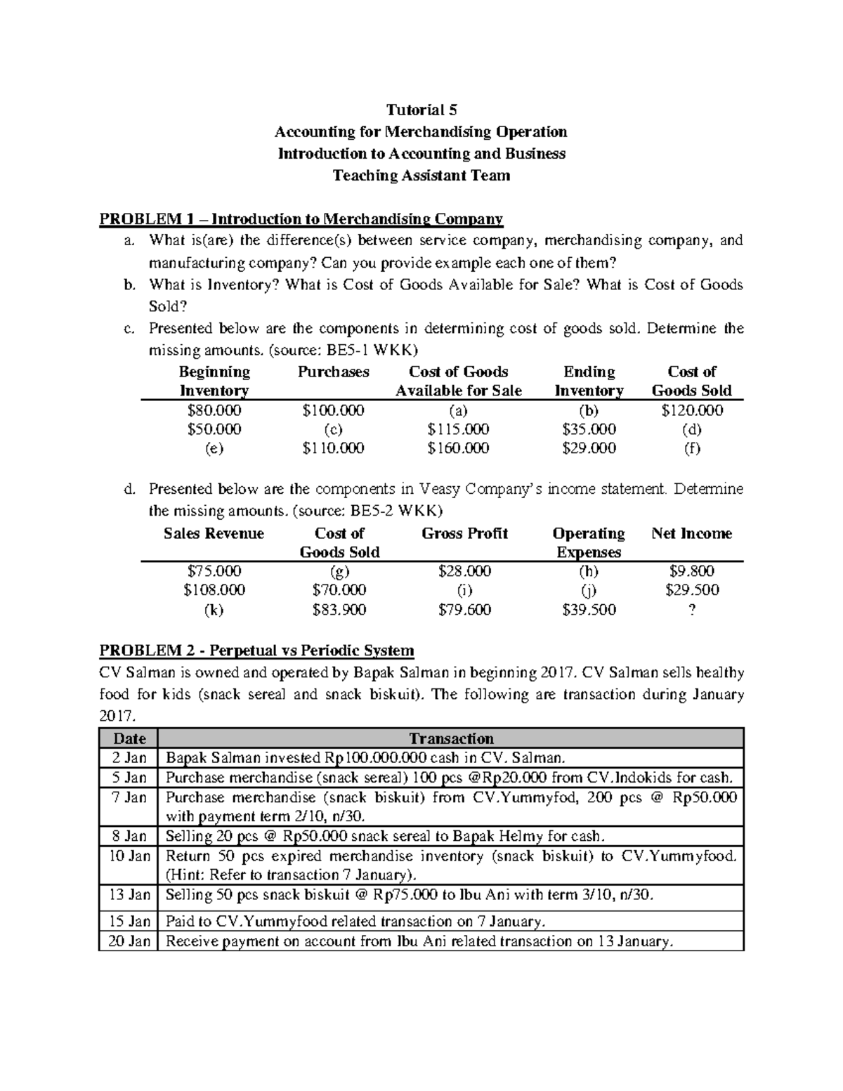 Accounting for Merchandising Operations - Tutorial 5 Analysis - Studocu