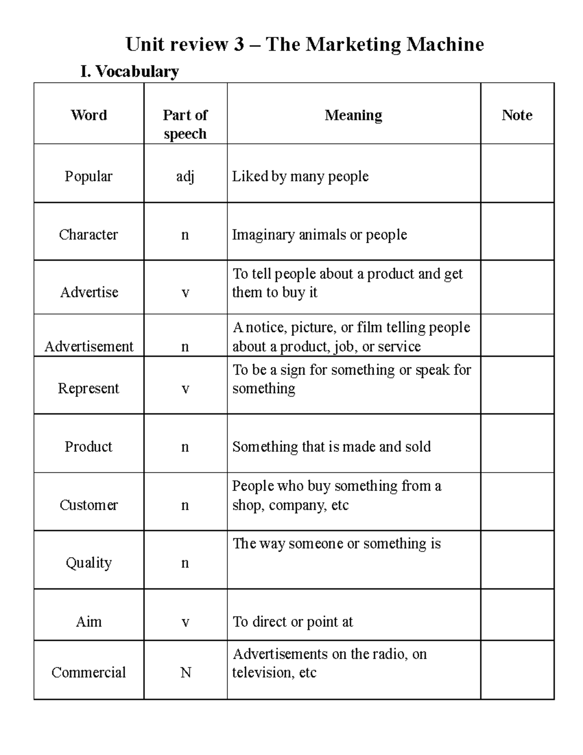 Unit 3 Review: Vocabulary & Grammar for The Marketing Machine I - Studocu