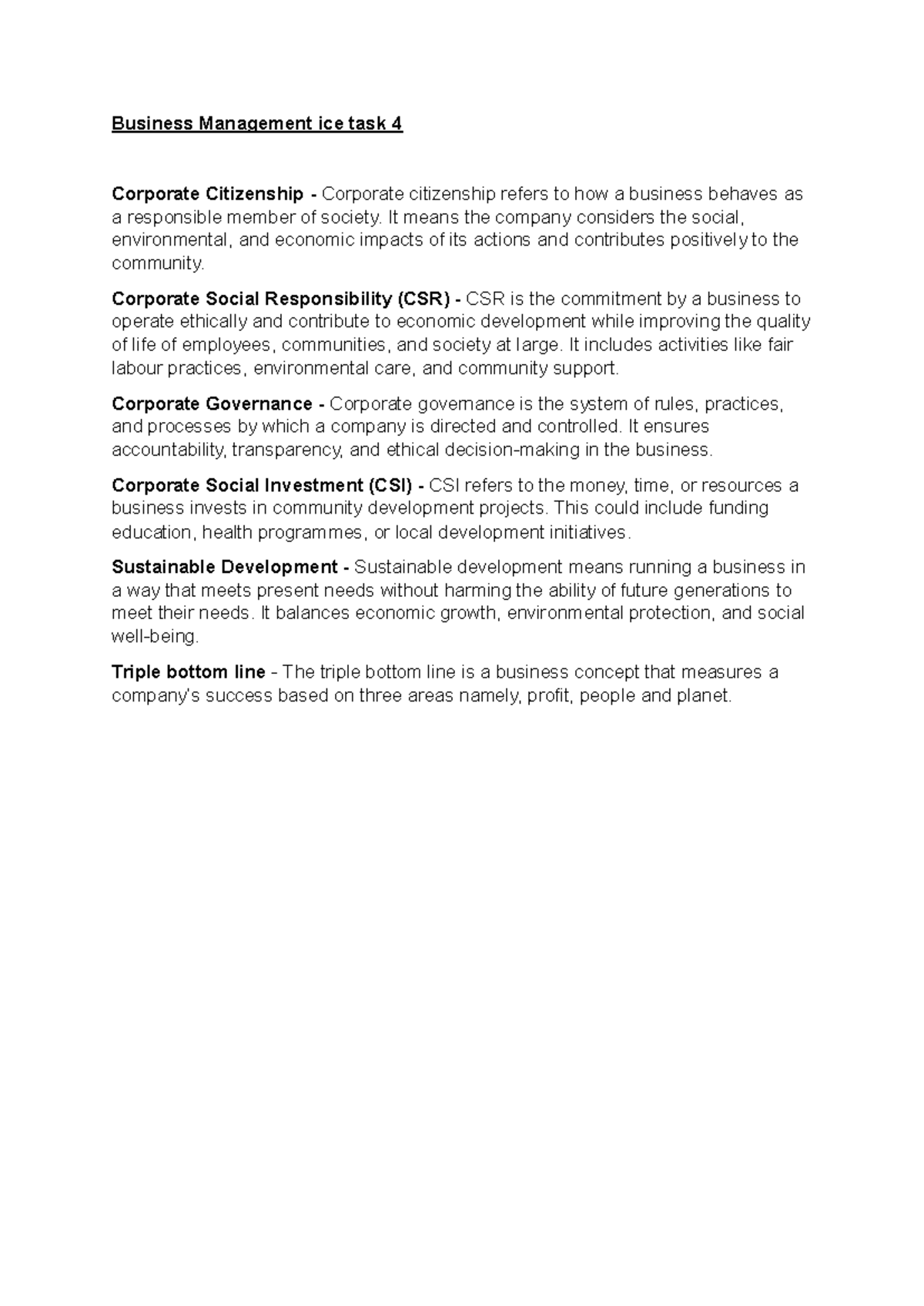 Business Management ICE Task 4: Corporate Citizenship Overview - Studocu