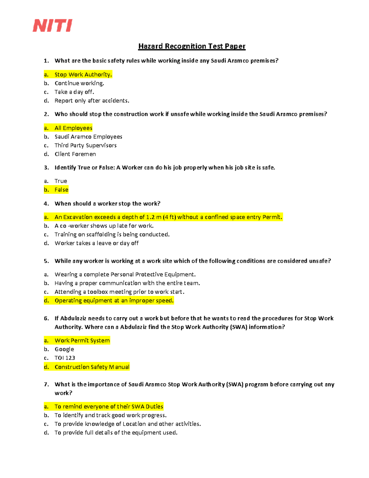 Hazard Recognition Test Paper 1 - Trainer Copy for Saudi Aramco Safety ...