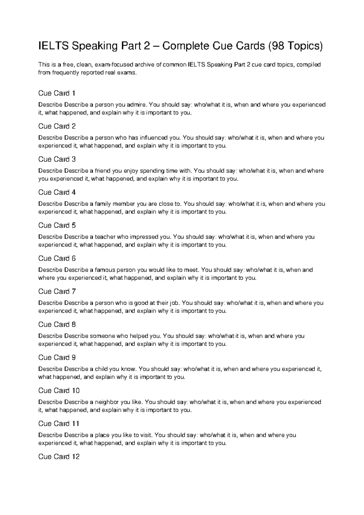 IELTS Speaking Part 2: 98 Complete Cue Cards Collection - Studocu