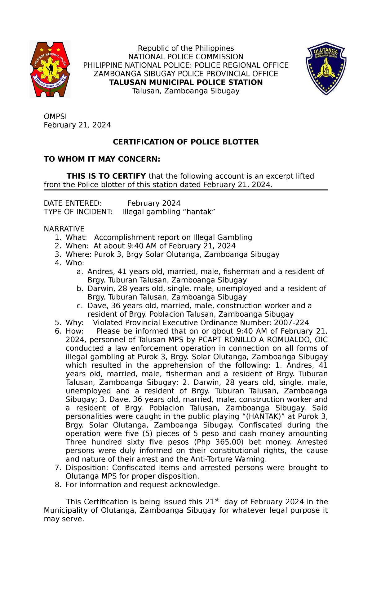 Certification of Police Blotter on Illegal Gambling - Talusan MPS - Studocu
