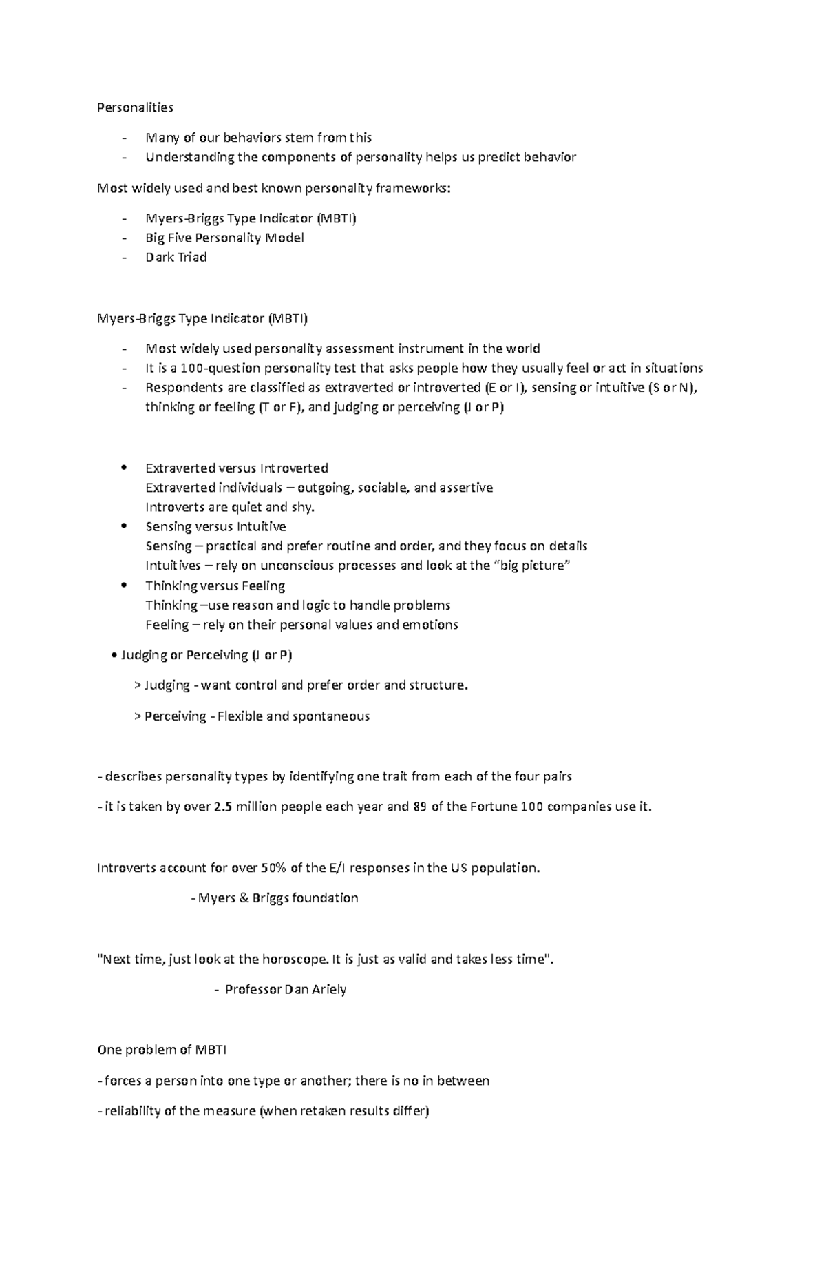 BME - Personality Frameworks and Theories Overview - Studocu