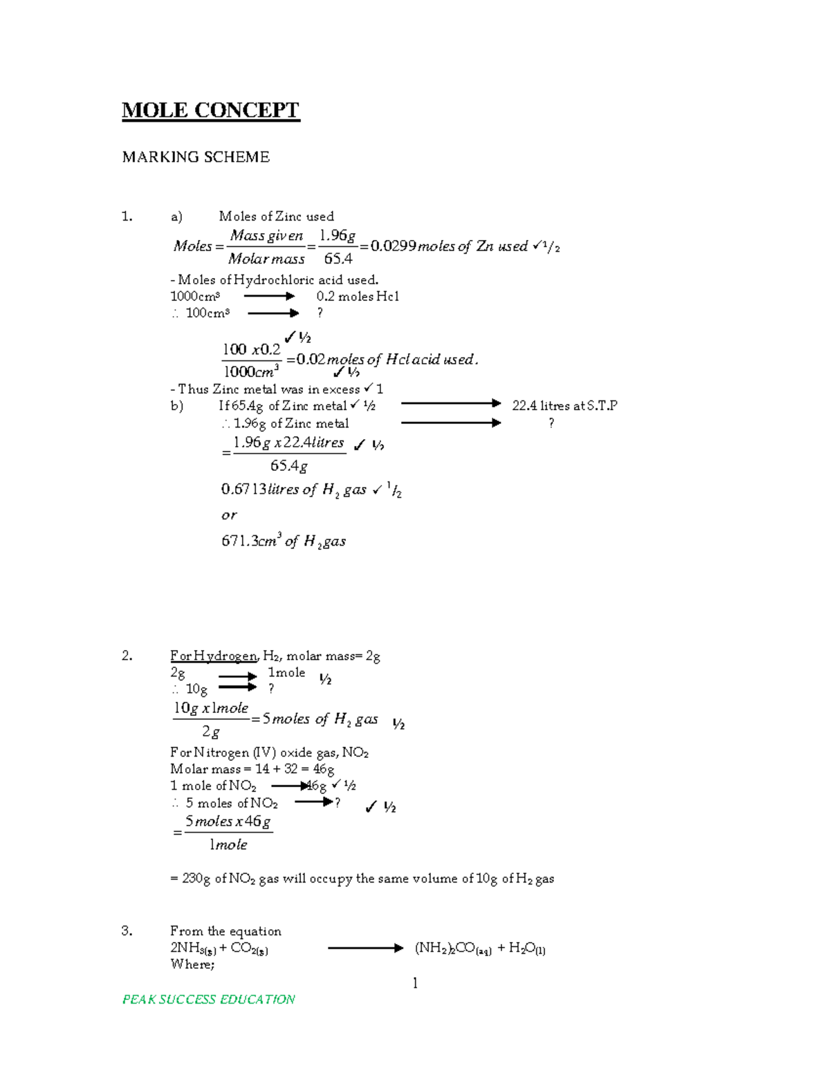 MOLE- Concept-A - The mole concept - 1 MOLE CONCEPT MARKING SCHEME a ...
