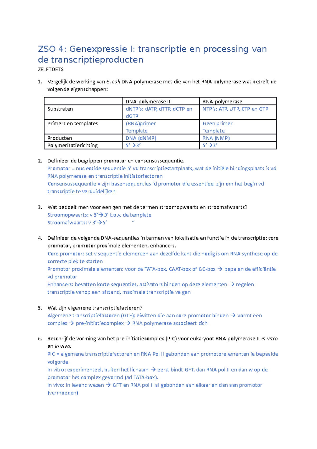 ZSO 4: Genexpressie I - Transcriptie en Processing Revisie Notes - Studocu