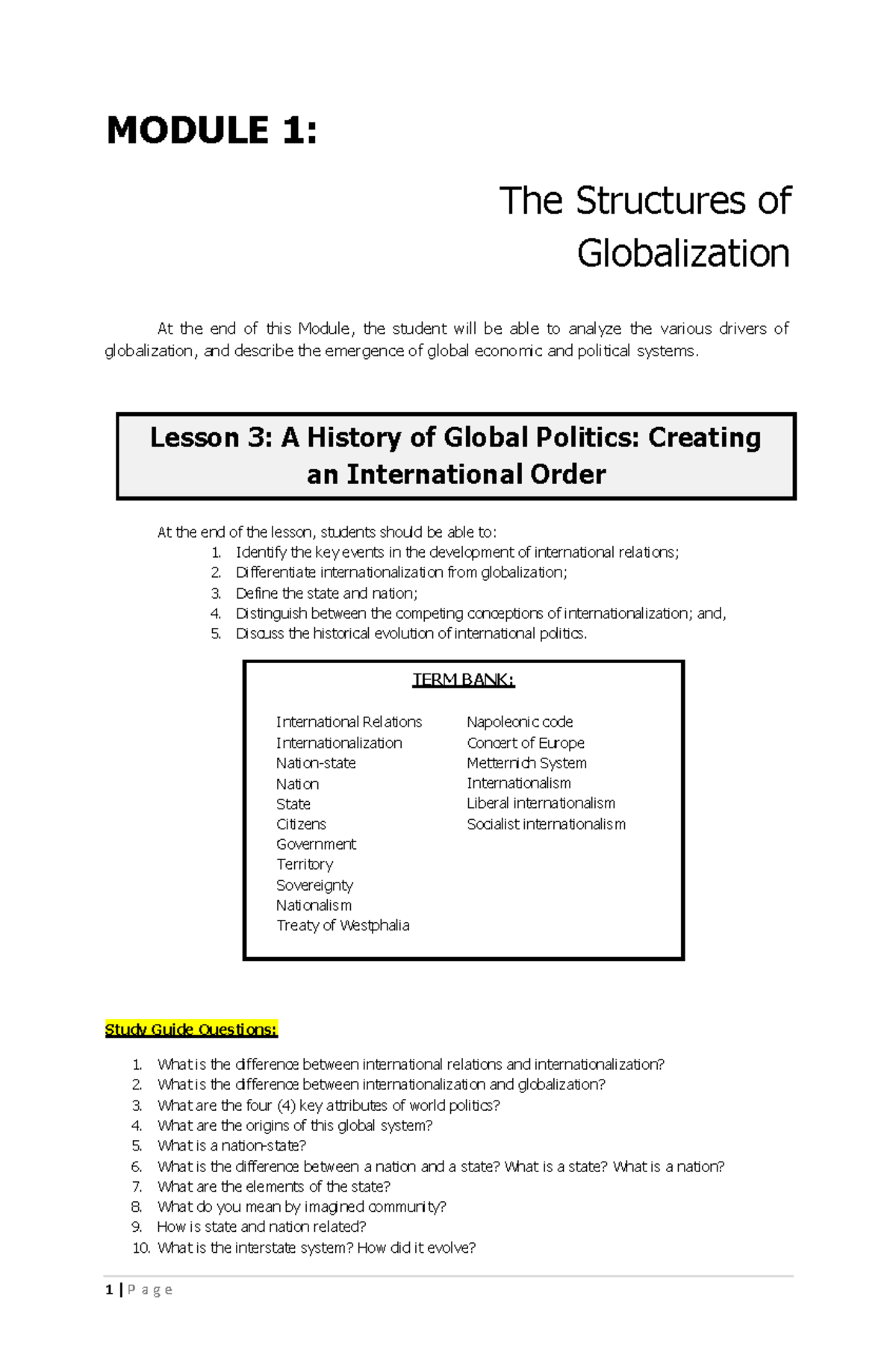MODULE 1: Globalization Structures & International Order Overview - Studocu