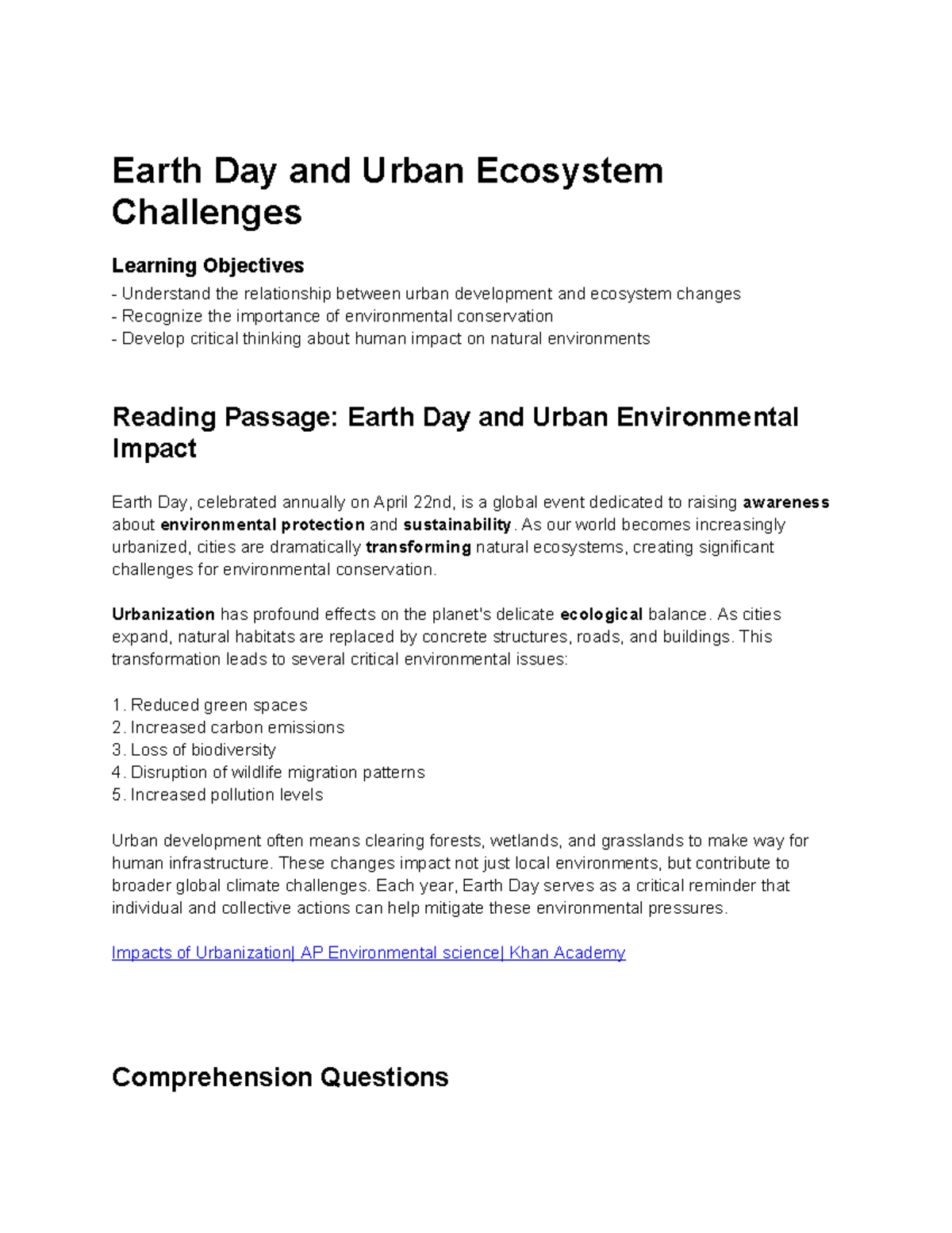 Urbanization's Effects on Ecosystems: Insights for APES Study - Studocu