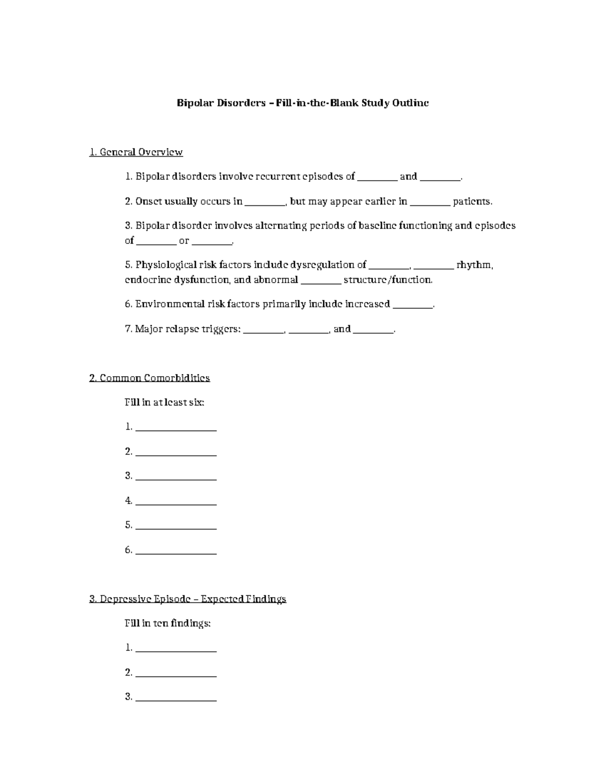 Bipolar Disorders Study Outline: Key Concepts and Nursing Care - Studocu