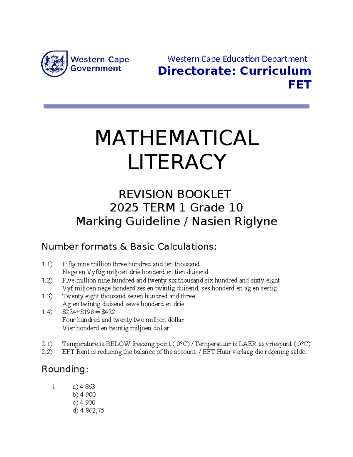 Grade 10 FET Mathematical Literacy Revision Booklet 2025 Term 1 - Studocu